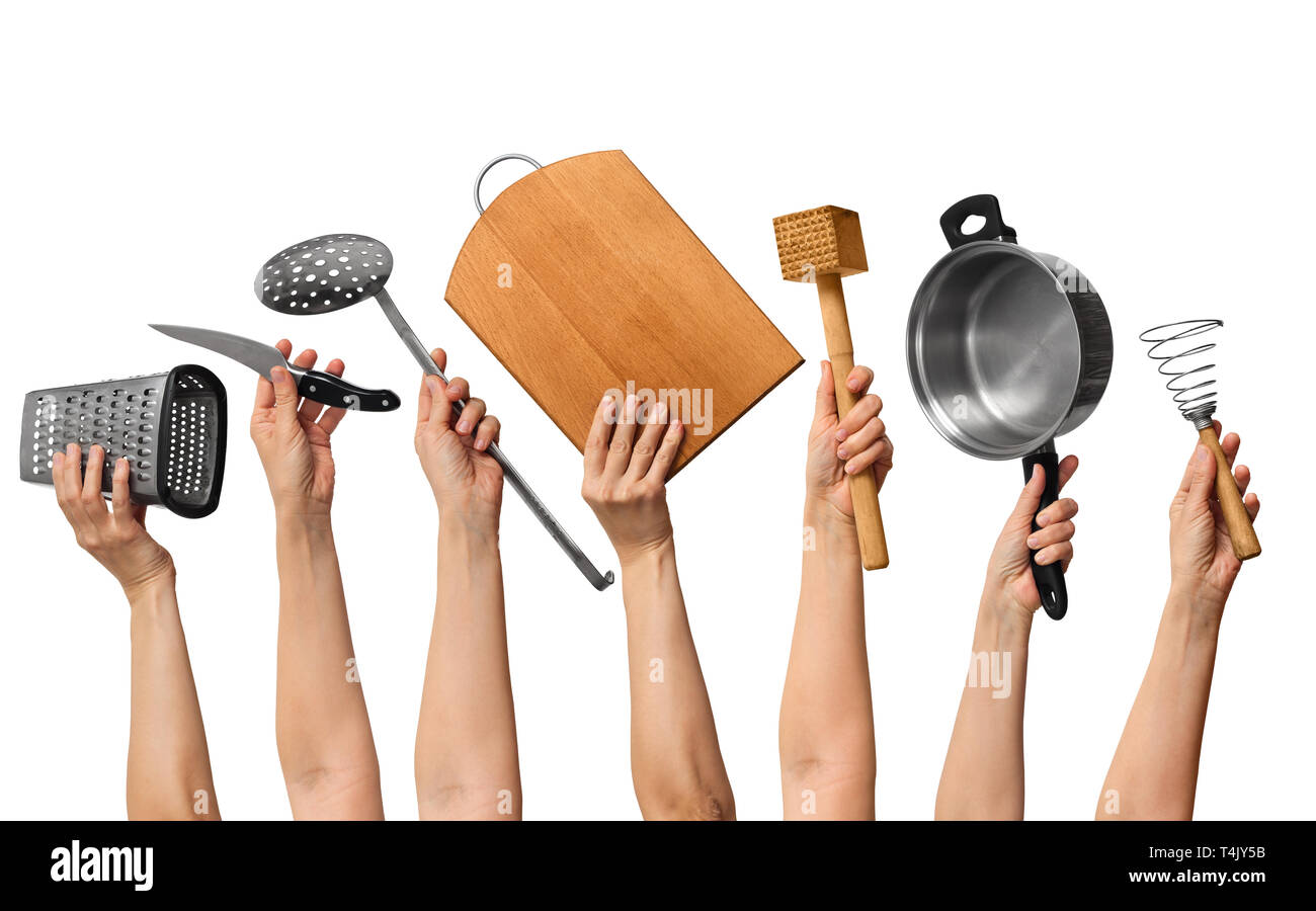 set of the kitchen utensils in human hands, on white background Stock ...