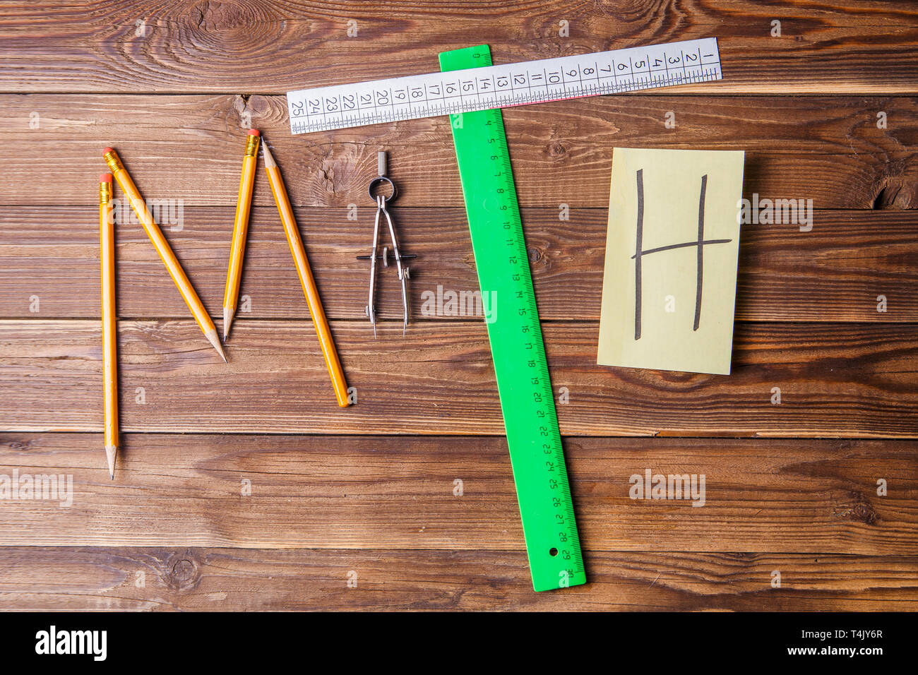 Text math composed of pencils, rulers, circular, sharpener and sticker ...