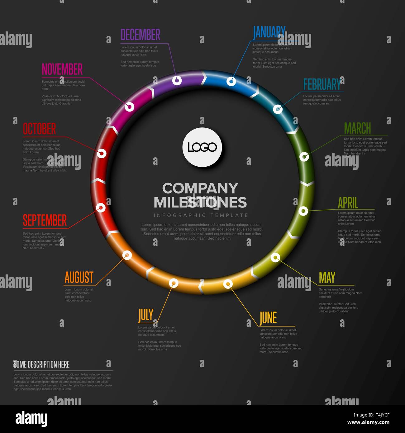 Full year circular timeline template with all months on a big circle ...