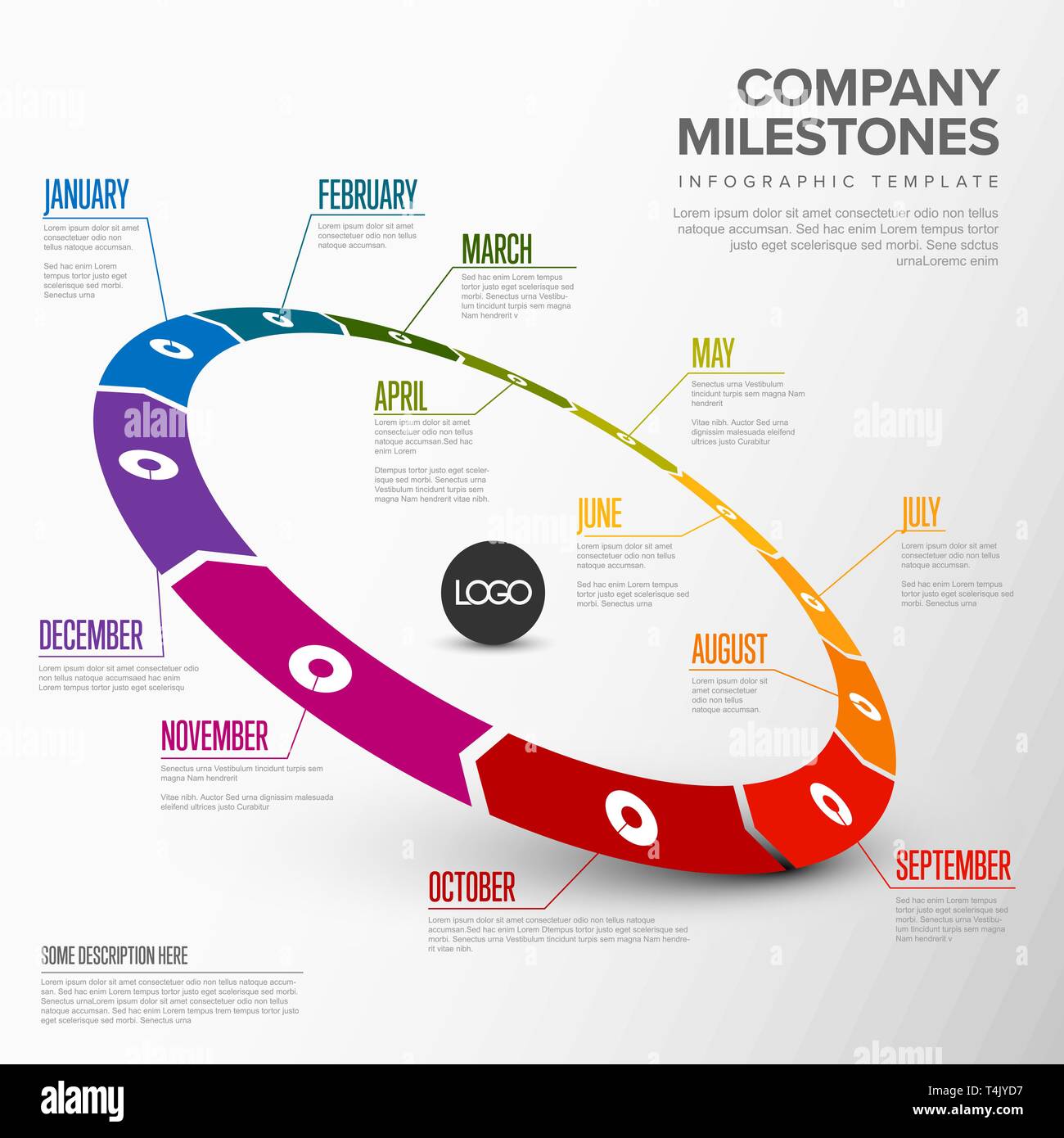 Full year circular timeline template with all months on a big diagonal ...