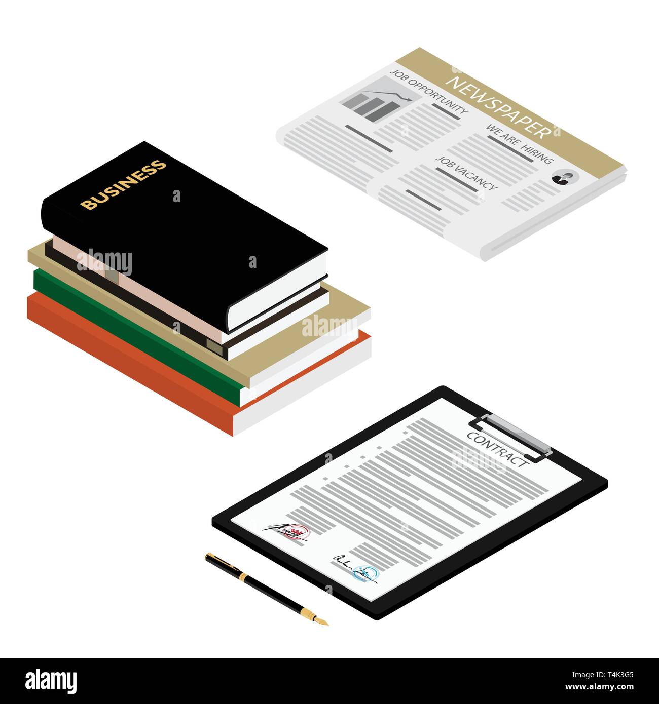 Contract agreement concept stack of business books, newspaper, contract ...