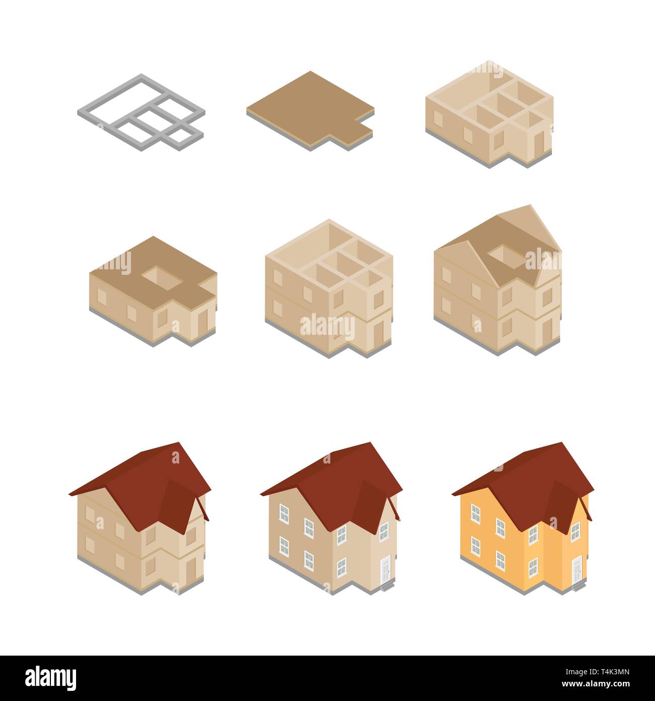 Vector illustration house, building construction phases isometric icons ...