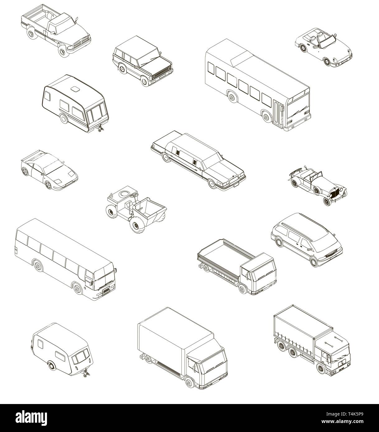 Set with contours of different cars in isometric. Vector illustration ...
