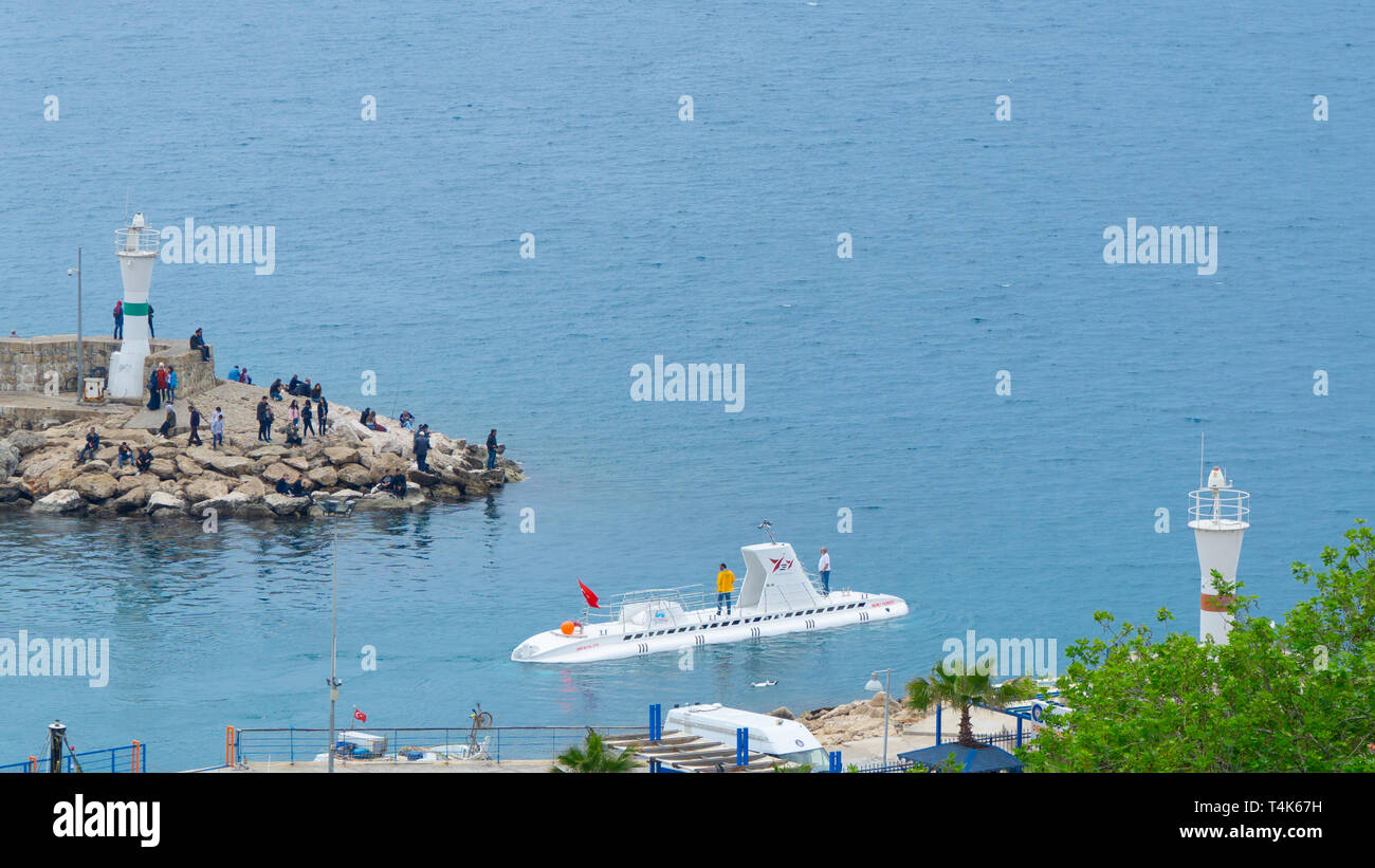 Antalya, Turkey - 6th April 2019: Small civilian submarine leaving ...