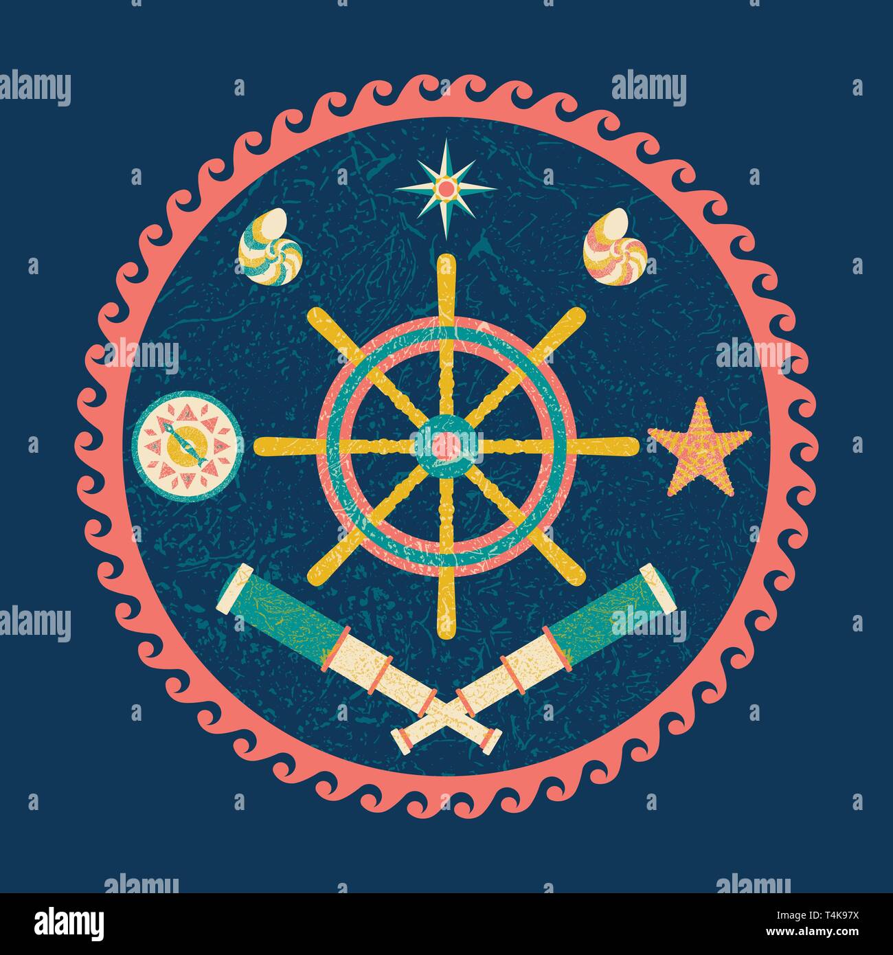 Nautical circle poster. Cartoon style with grunge effects. Steering ...