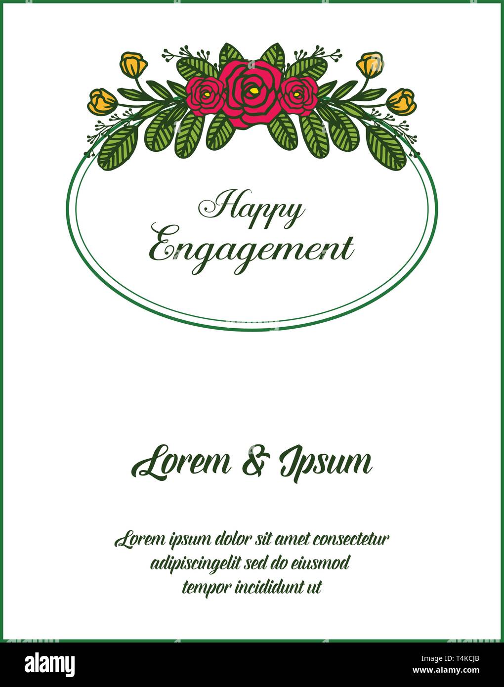 Vector illustration greeting card happy engagement with wreath frame ...
