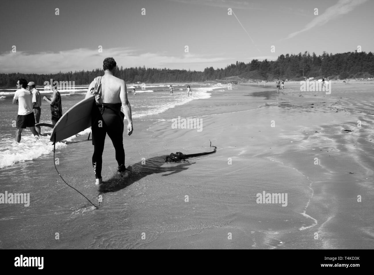 Surfer and his surfboard walking in the Pacific Ocean at Long Beach in ...