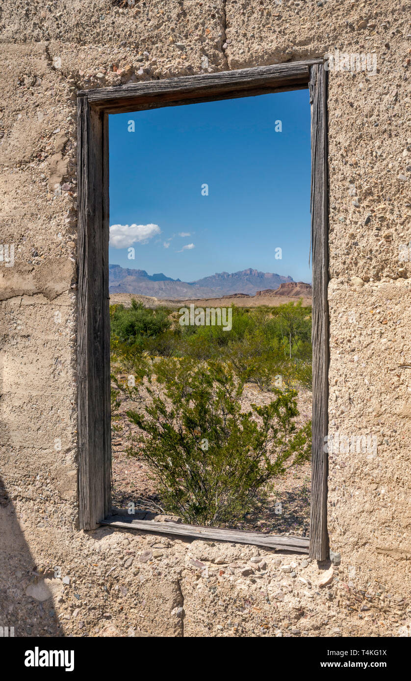 Window frame, miners concrete building ruin, creosote bush, Chisos ...