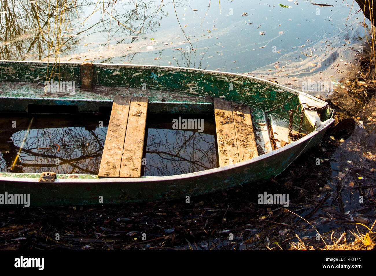 Old wooden row boat in water, abandoned Stock Photo - Alamy
