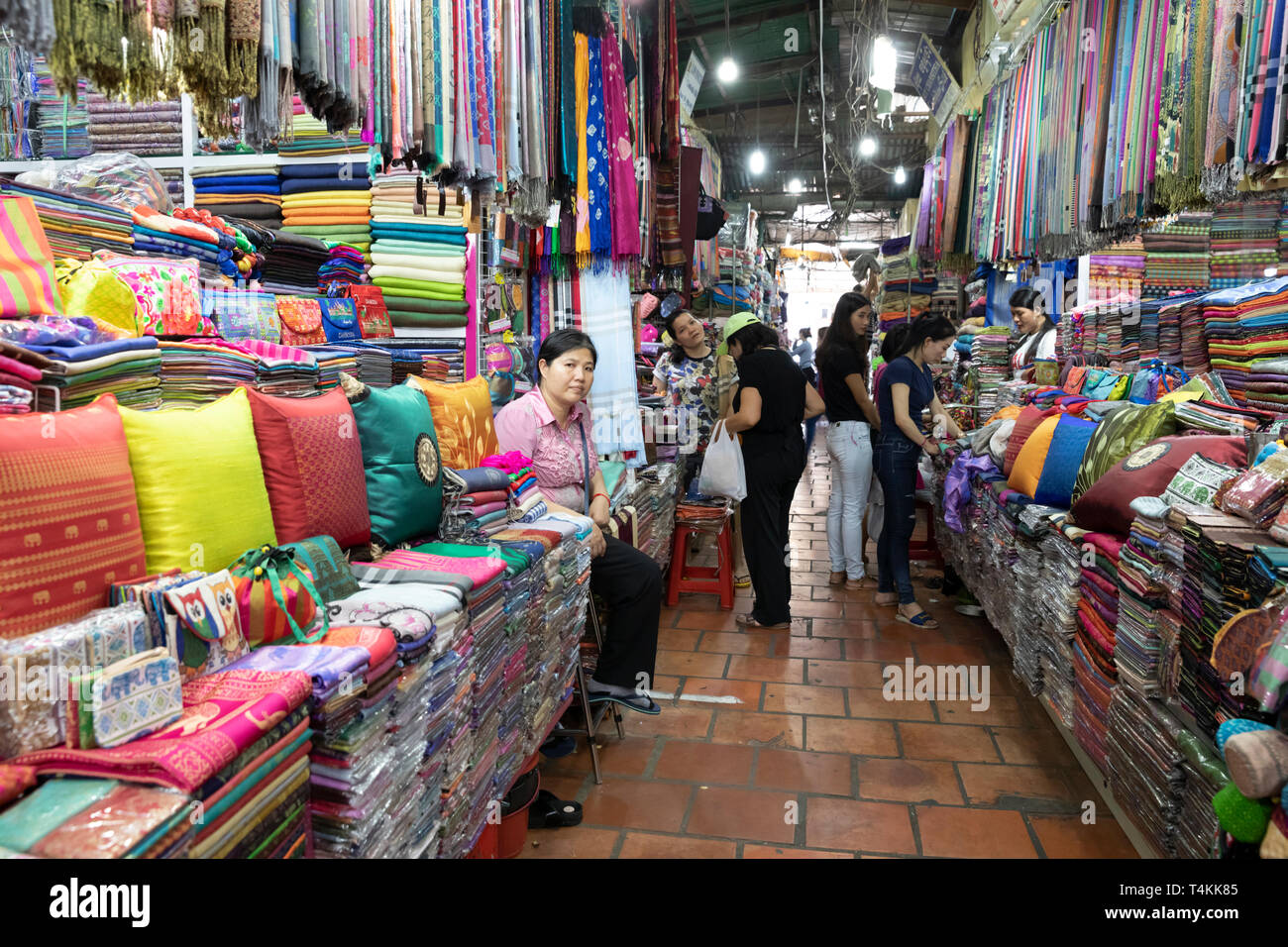 Interior of the textile section of the Russian Market, Phnom Penh ...