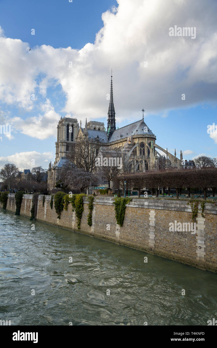 Notre Dame Cathedral in Paris. Springtime view. of the rear elevation ...