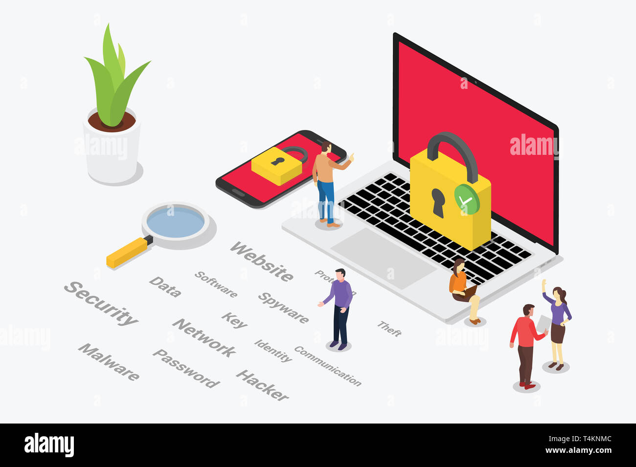 isometric cyber security concept with team people and padlock with laptop and smartphone secure ...