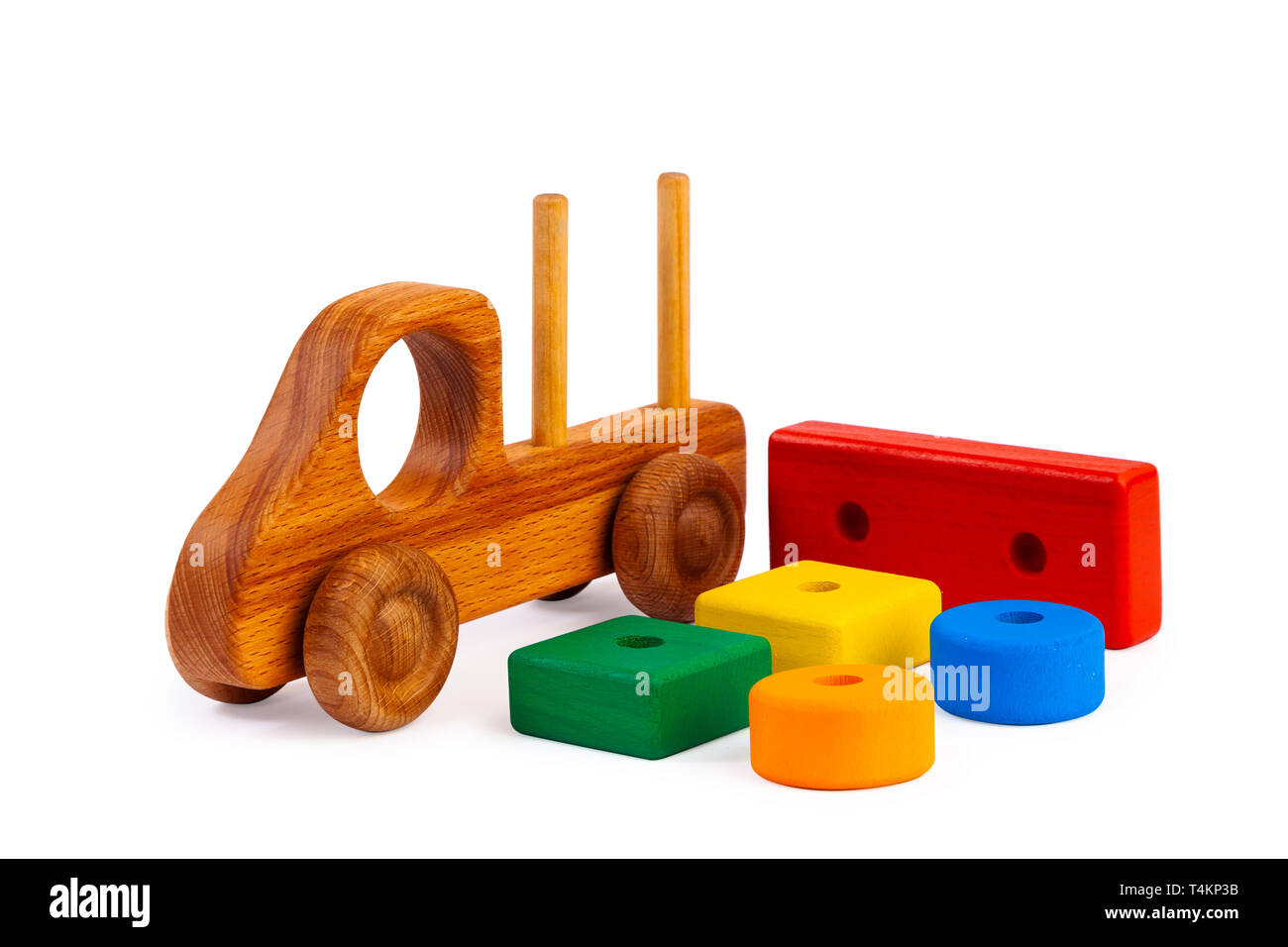 Photo of a wooden car truck loaded with small colorful wooden geometric ...