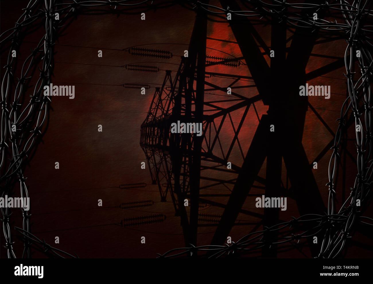 High voltage electricity pole under red sky. Barbed wire. Industrial ...