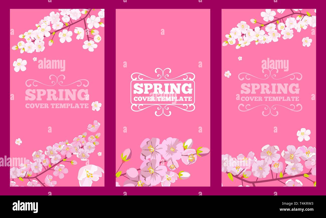 Set of cherry blossoms decorated cover design. Spring flower concept ...