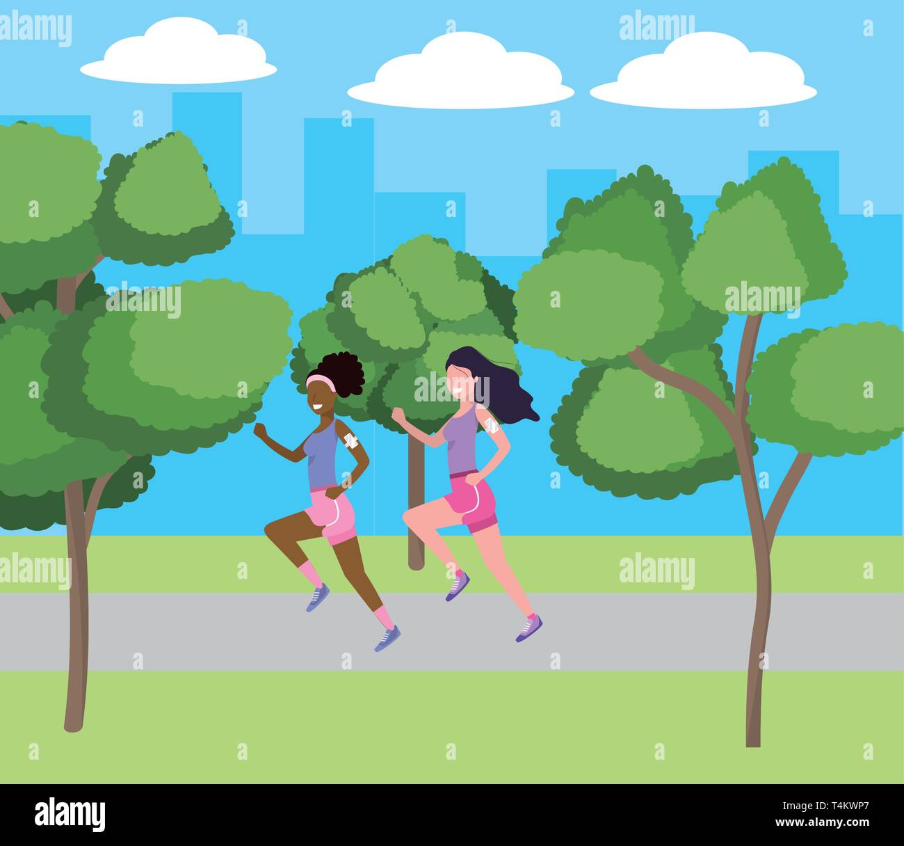 women running with sportwear avatar cartoon character park landscape ...