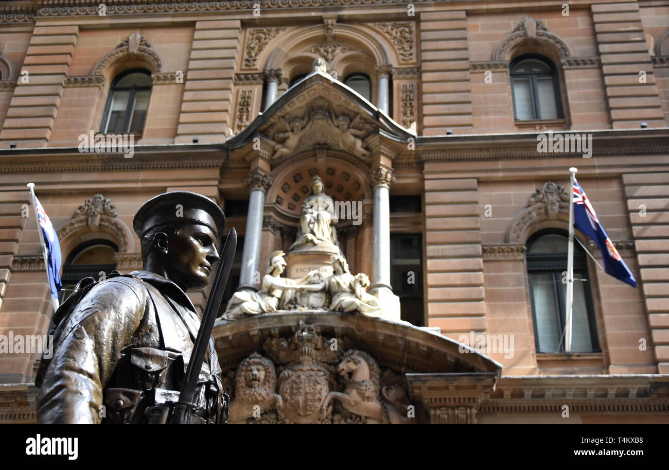 Sydney, Australia - Nov 4, 2018. Sailor statue with the General Post ...