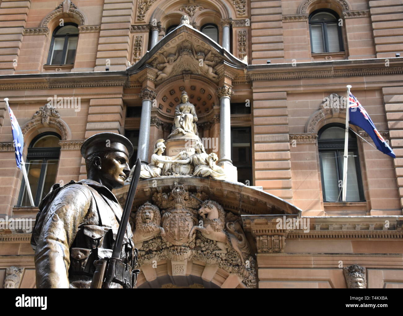 Sydney, Australia - Nov 4, 2018. Sailor statue with the General Post ...