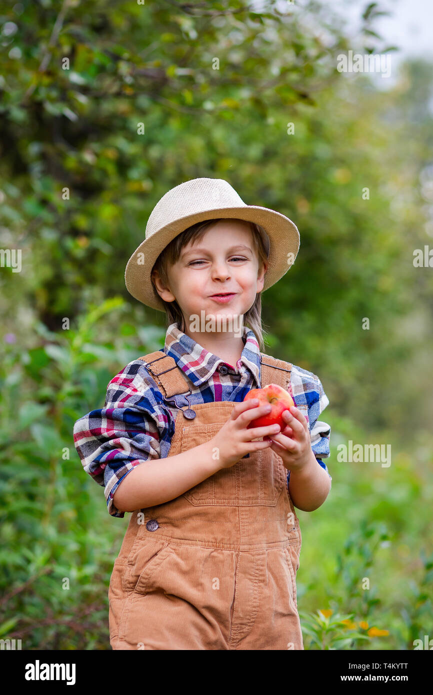 Portrait of one cute boy in a hat in the garden with a red apple ...
