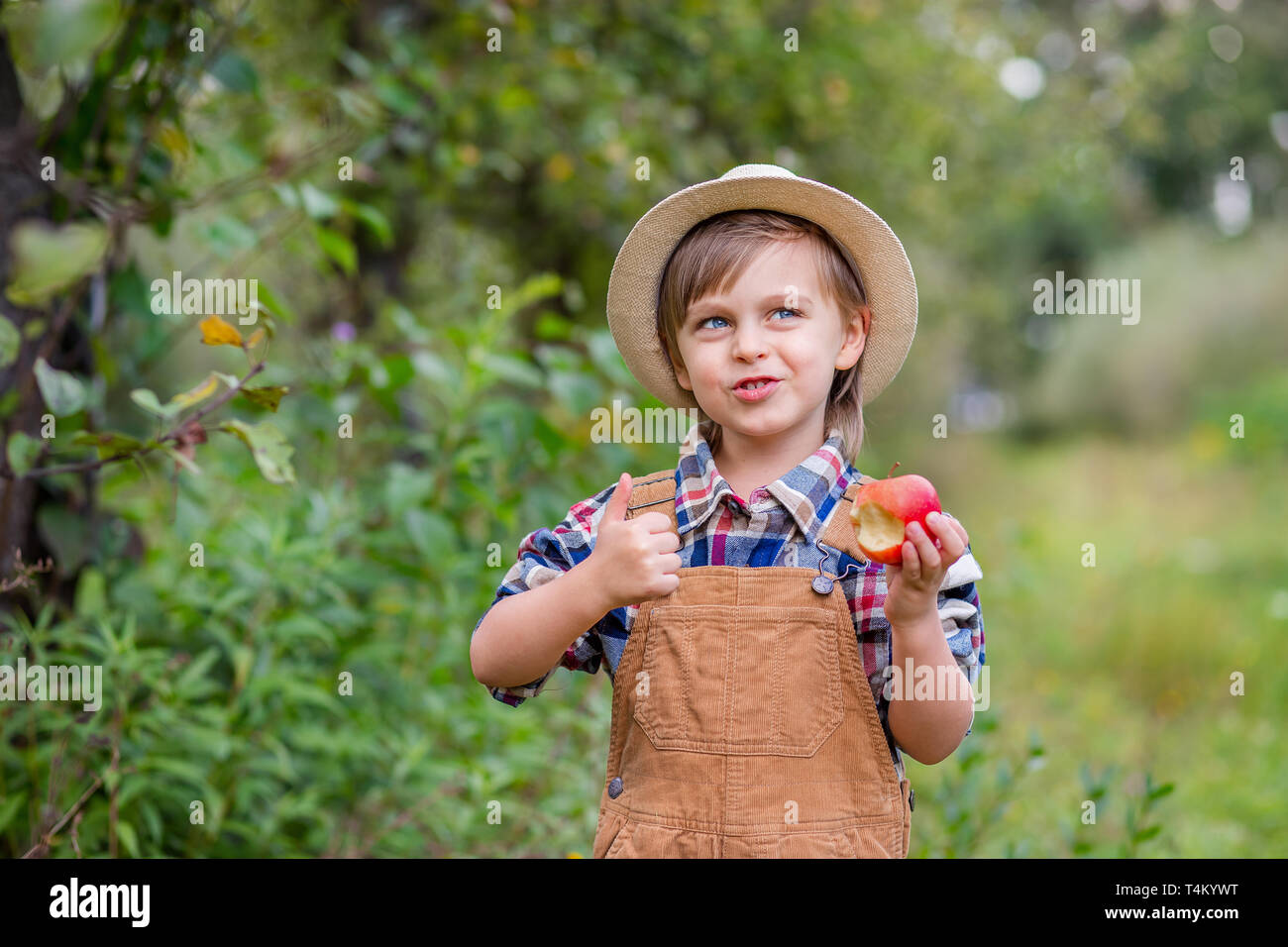 Portrait of one cute boy in a hat in the garden with a red apple ...