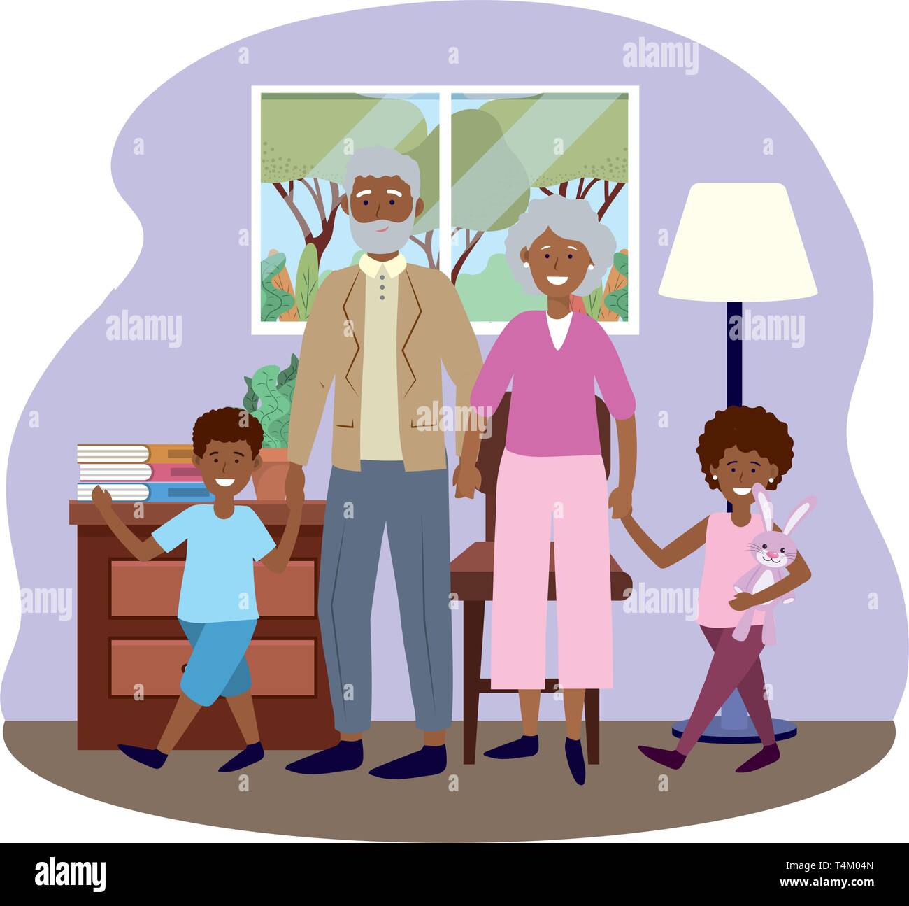 elderly couple with children avatar cartoon character with bunny in the ...