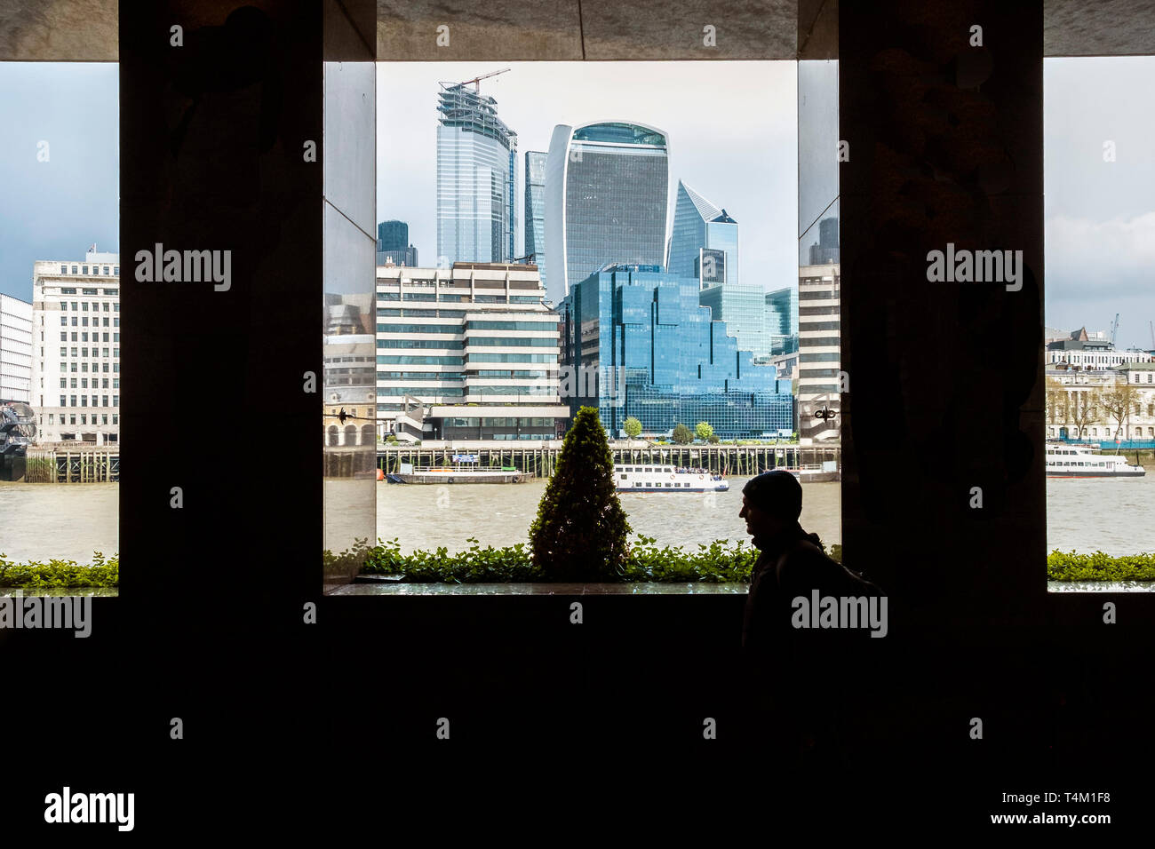 Iconic high rise buildings seen between pillars of a building on the ...