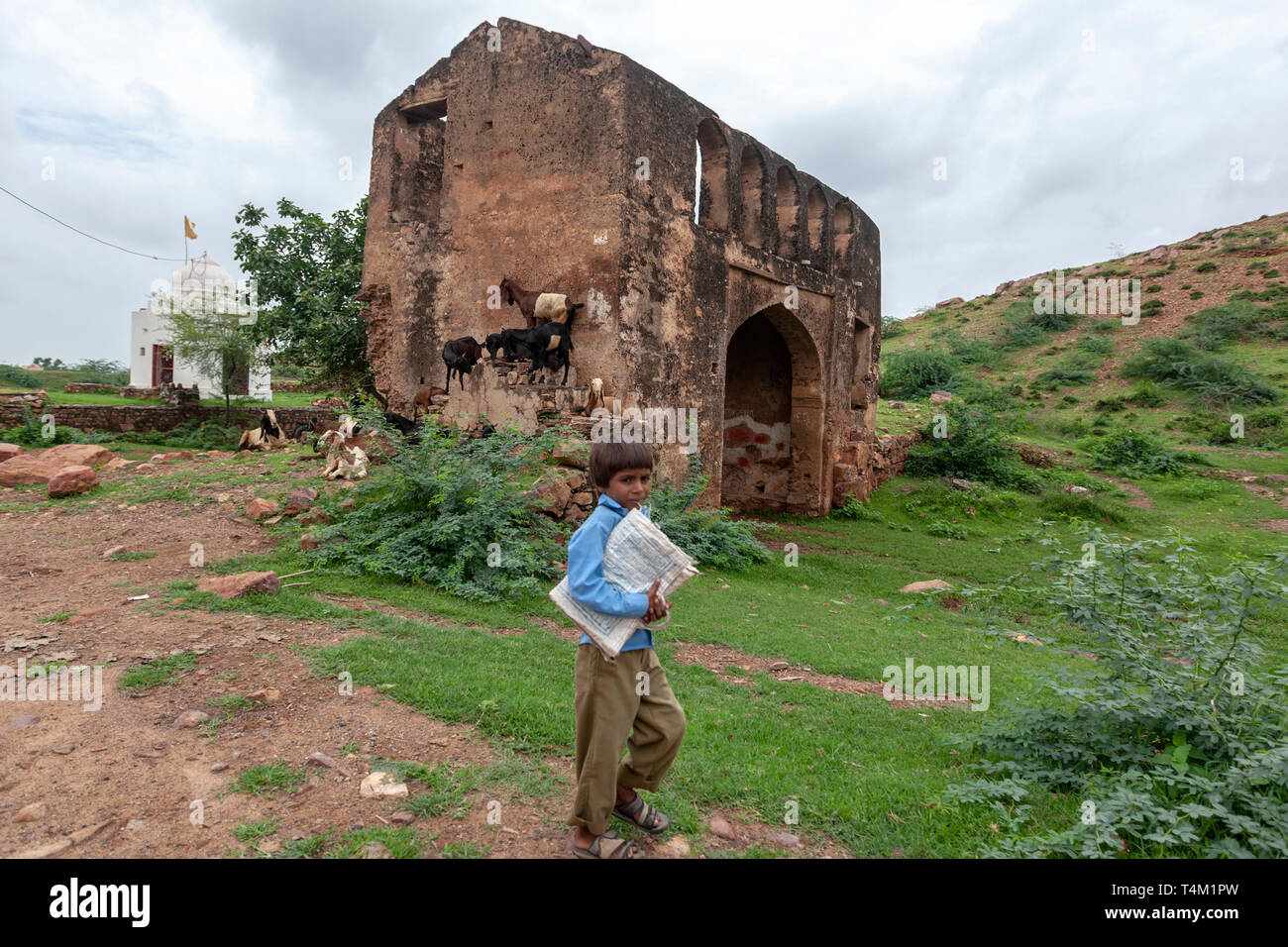 Student boy and a ruined temple in Antarda Village , Nainwa Tehsil ...