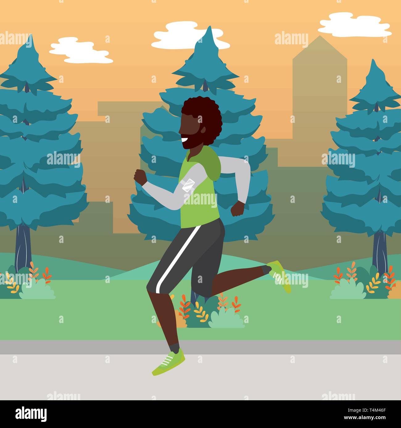 fitness sport train man running outdoor scene cartoon vector ...