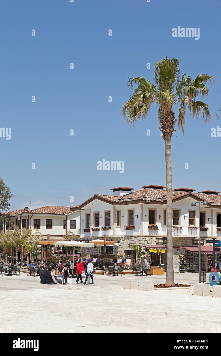 restaurants at the harbour, Side, Province Antalya, Turkey Stock Photo ...