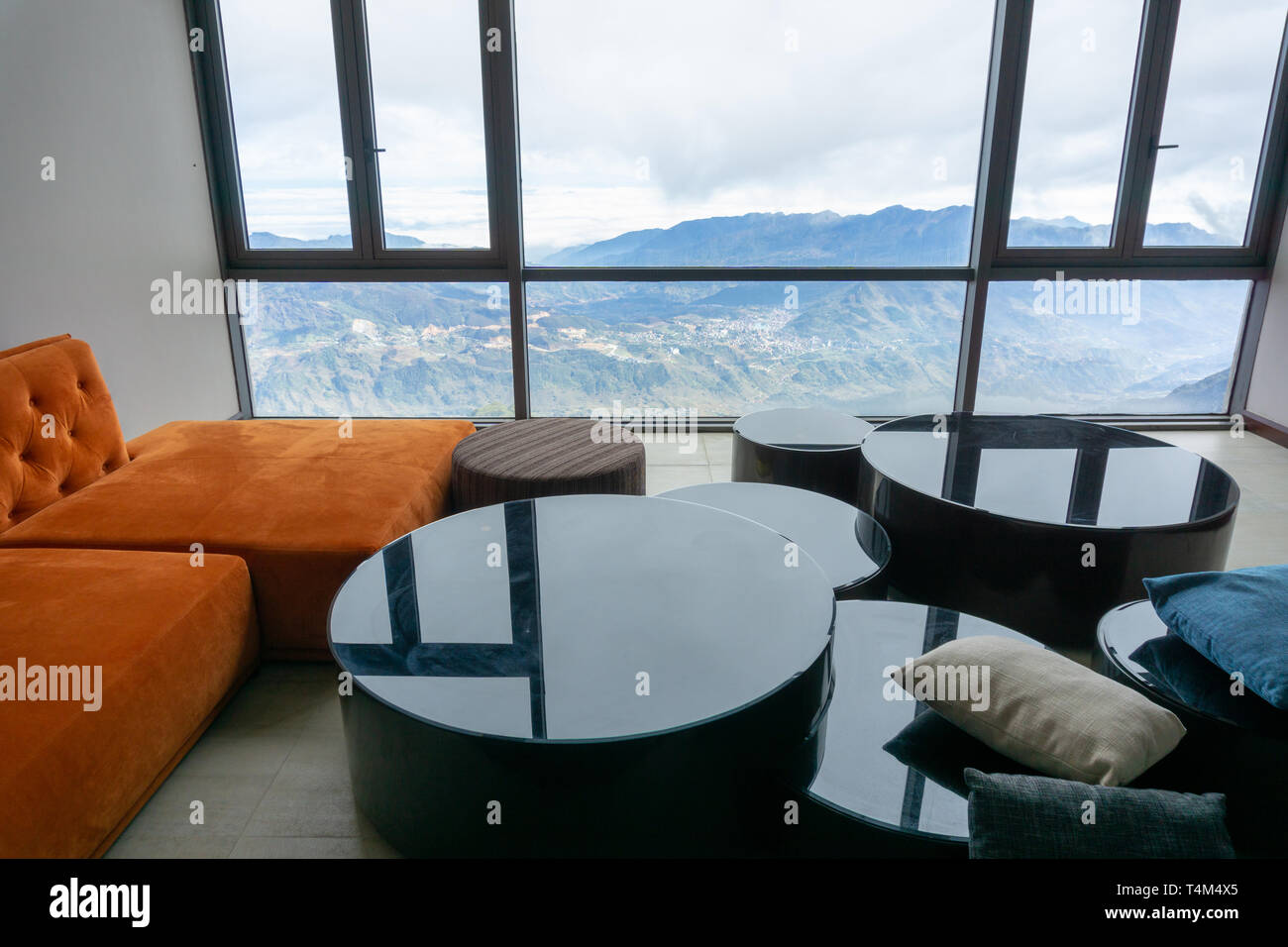 Hotel room with mountain landscape view from window, interiors with ...