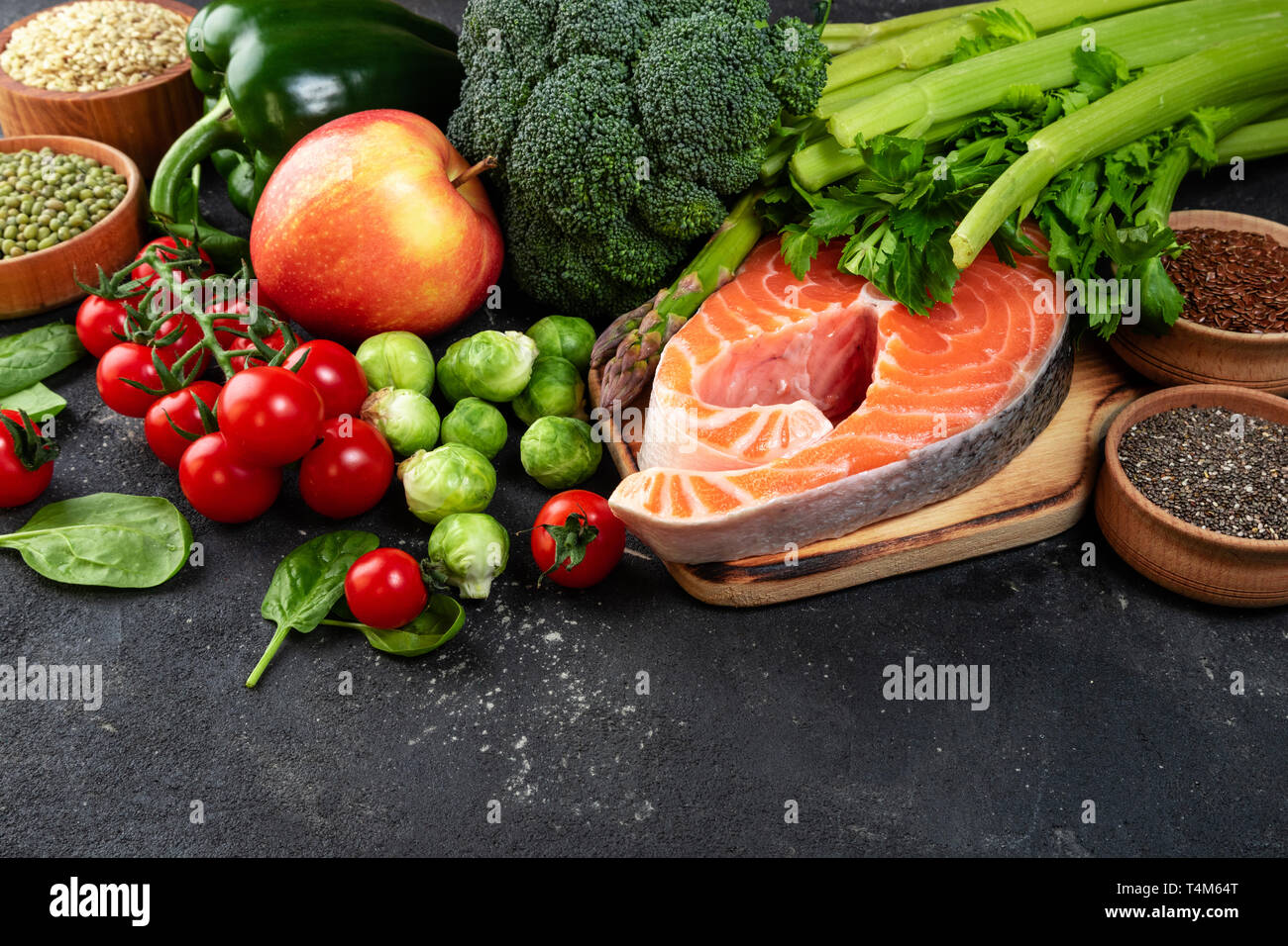 Variety of healthy food. Selection of healthy eating fish, vegetables ...