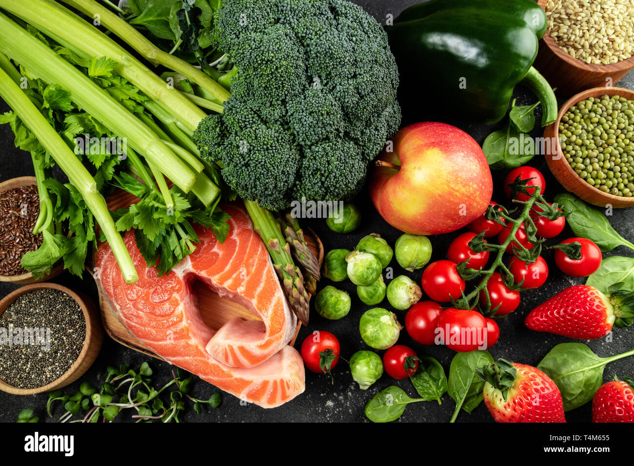 Variety of healthy food. Selection of healthy eating fish, vegetables ...