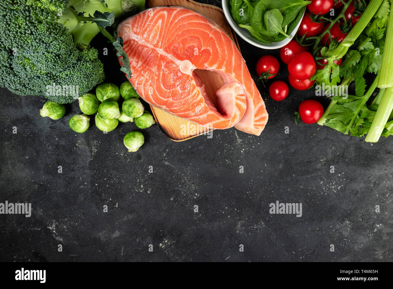 Set of healthy food flat lay. Selection of healthy eating fish ...