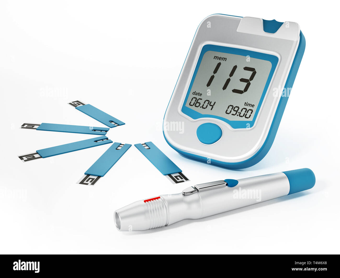 Blood glucose meter with strips isolated on white background. 3D ...