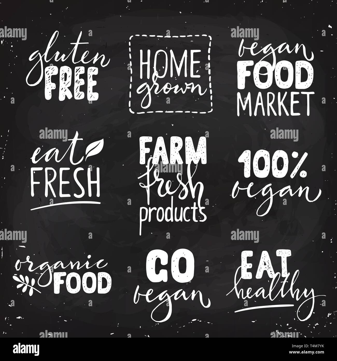 Vecot set of vegetarian hand drawn letterings on blackboard Stock ...