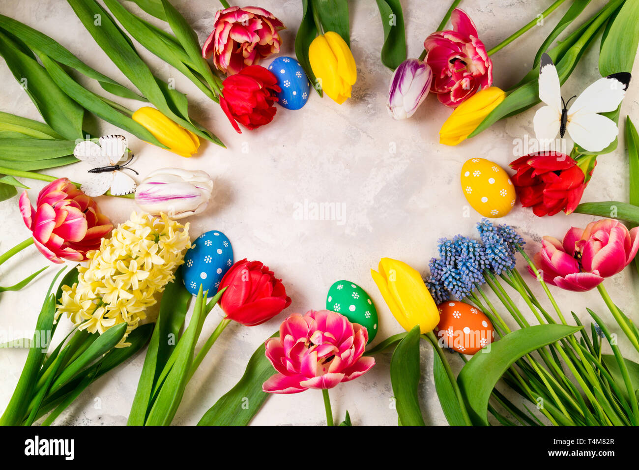 Easter background with spring flowers, Easter eggs and decorations on ...