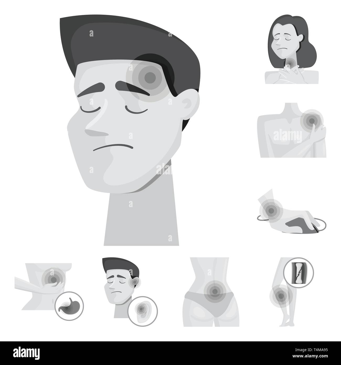 Vector illustration of suffering and injury sign. Set of suffering and ...