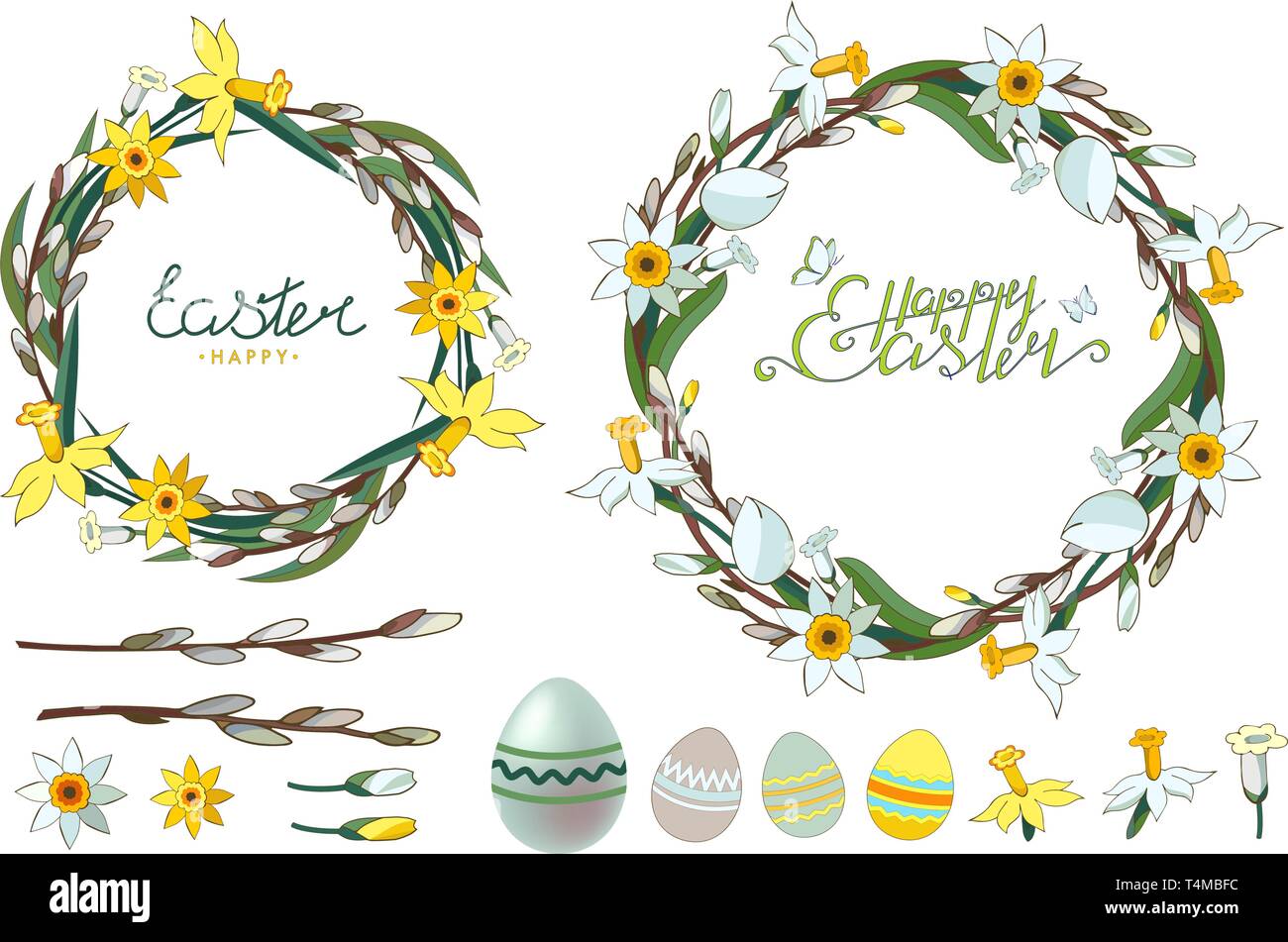 Happy Easter. Lettering. Wreaths of willow branches and daffodils ...