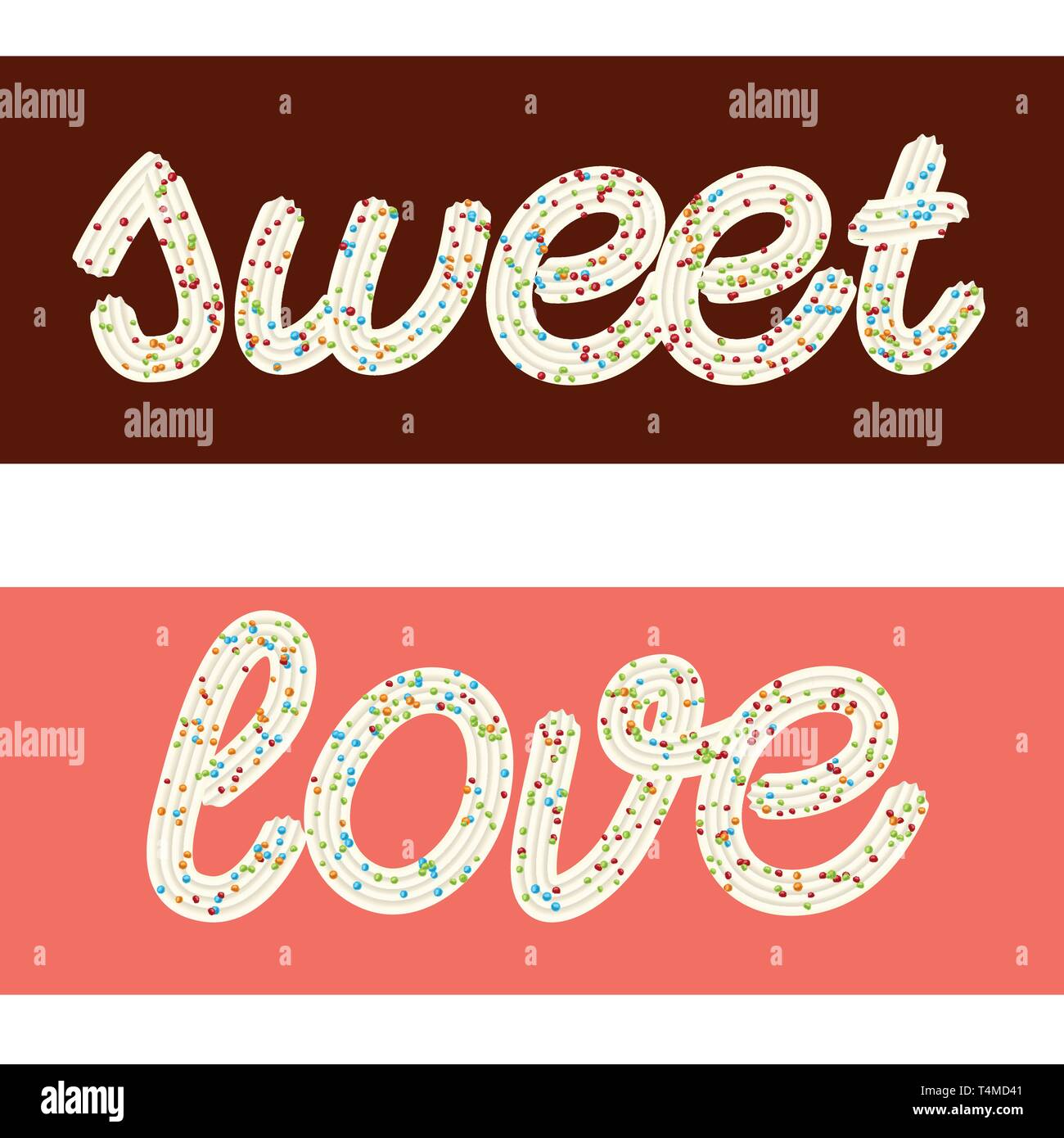 Tempting typography. Icing text. Words "love" and "sweet" from whipped ...