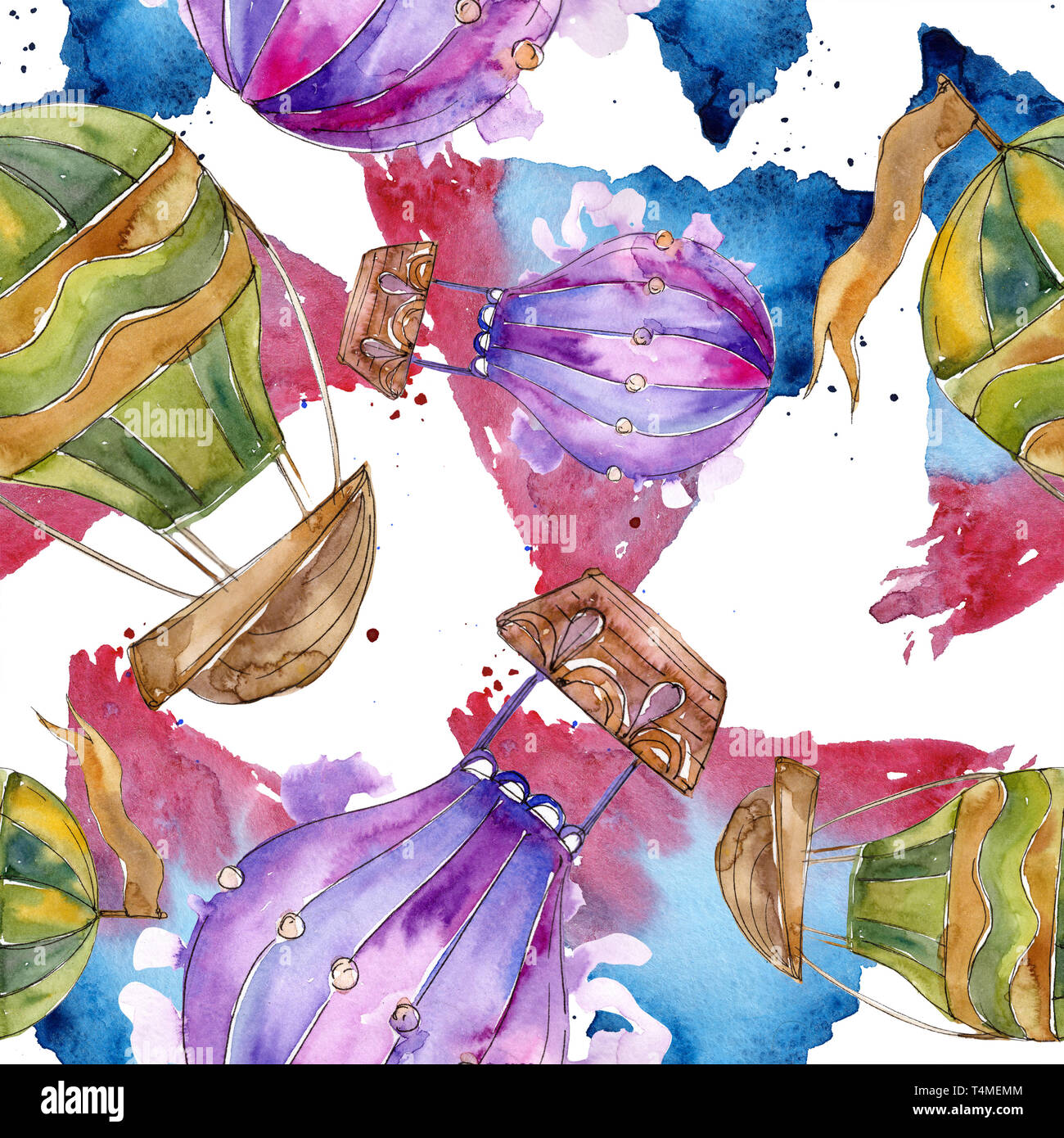 Hot air balloon background fly air transport. Watercolor background set ...
