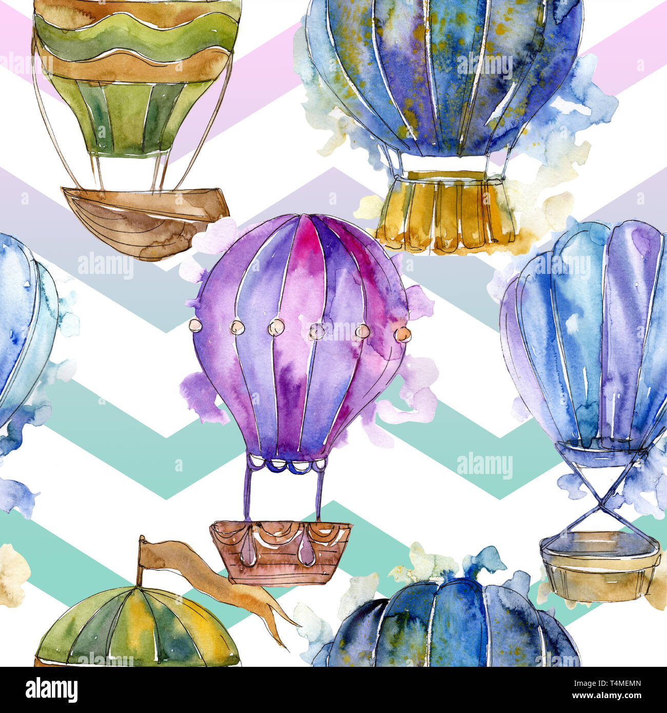 Hot air balloon background fly air transport. Watercolor background set ...