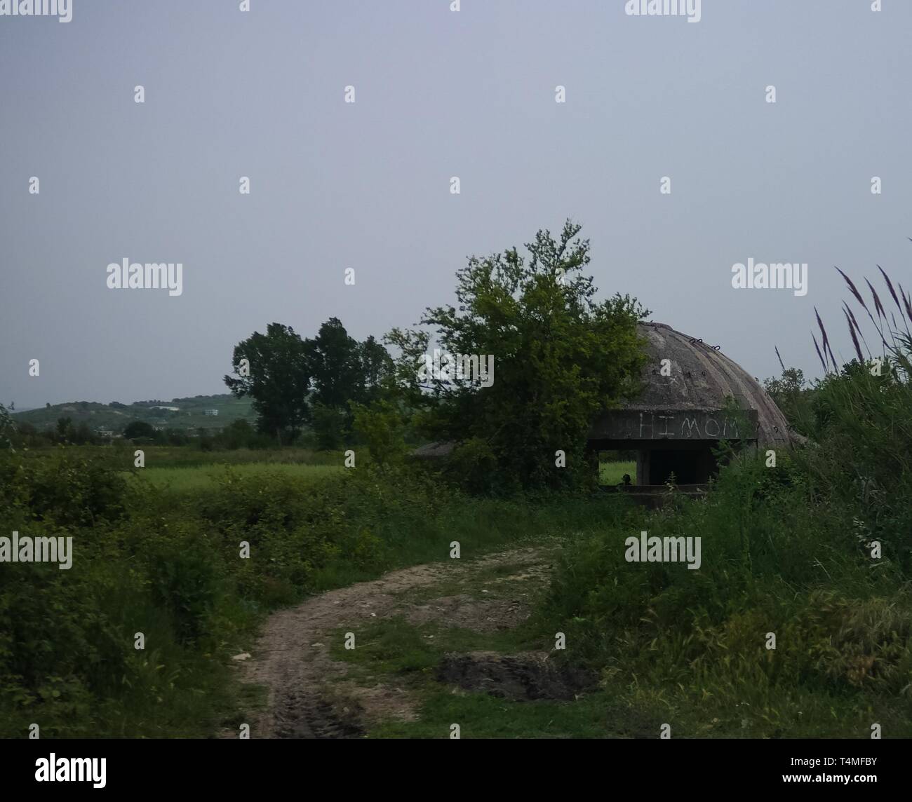 Landscape with the military bunkers in the middle of a rural fields ...