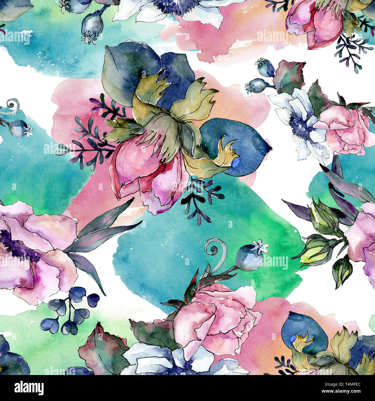 Pink floral botanical flower bouquet. Watercolor illustration set ...