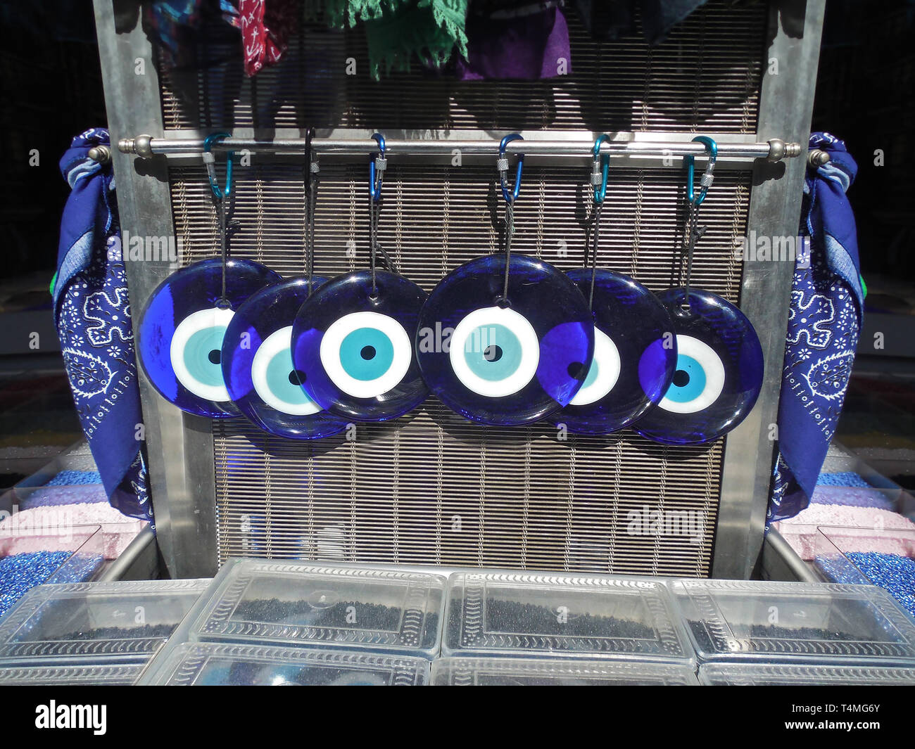 traditional greek blue evil eyes from glass at a souvenir shop - symbol ...