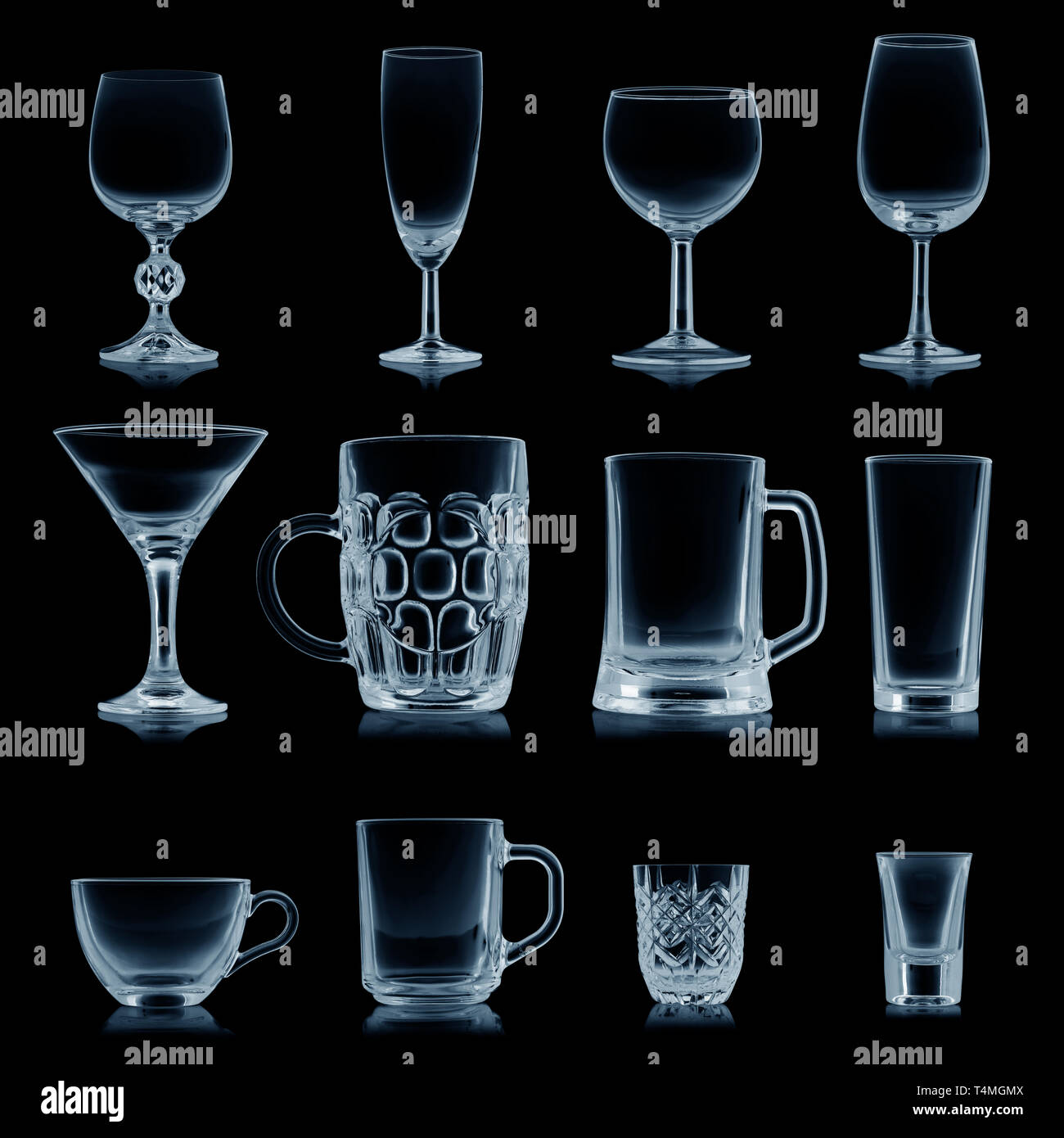 Clean empty glassware collection isolated on black Stock Photo - Alamy