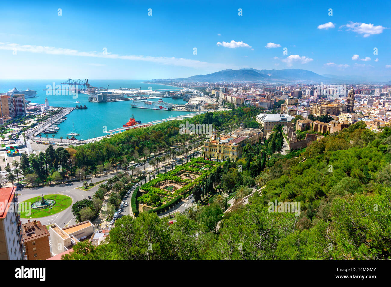 Aerial panoramic view of Malaga city, Andalusia, Spain in a beautiful ...
