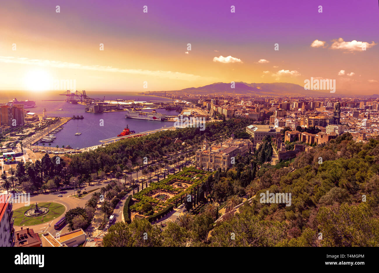 Aerial panoramic view of Malaga city, Andalusia, Spain and the sea in ...