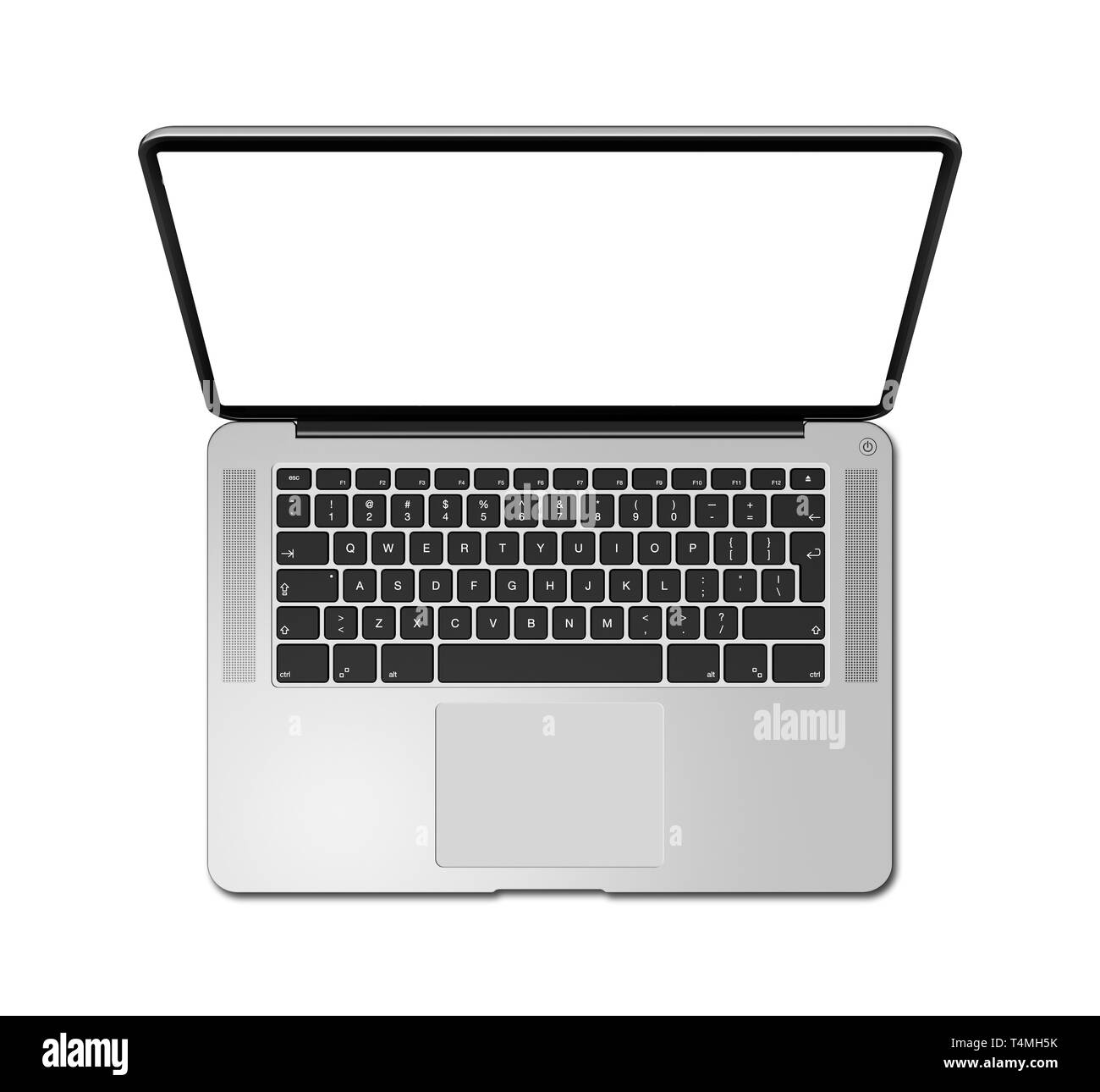 Open laptop top view with blank screen, isolated on white. 3D render ...