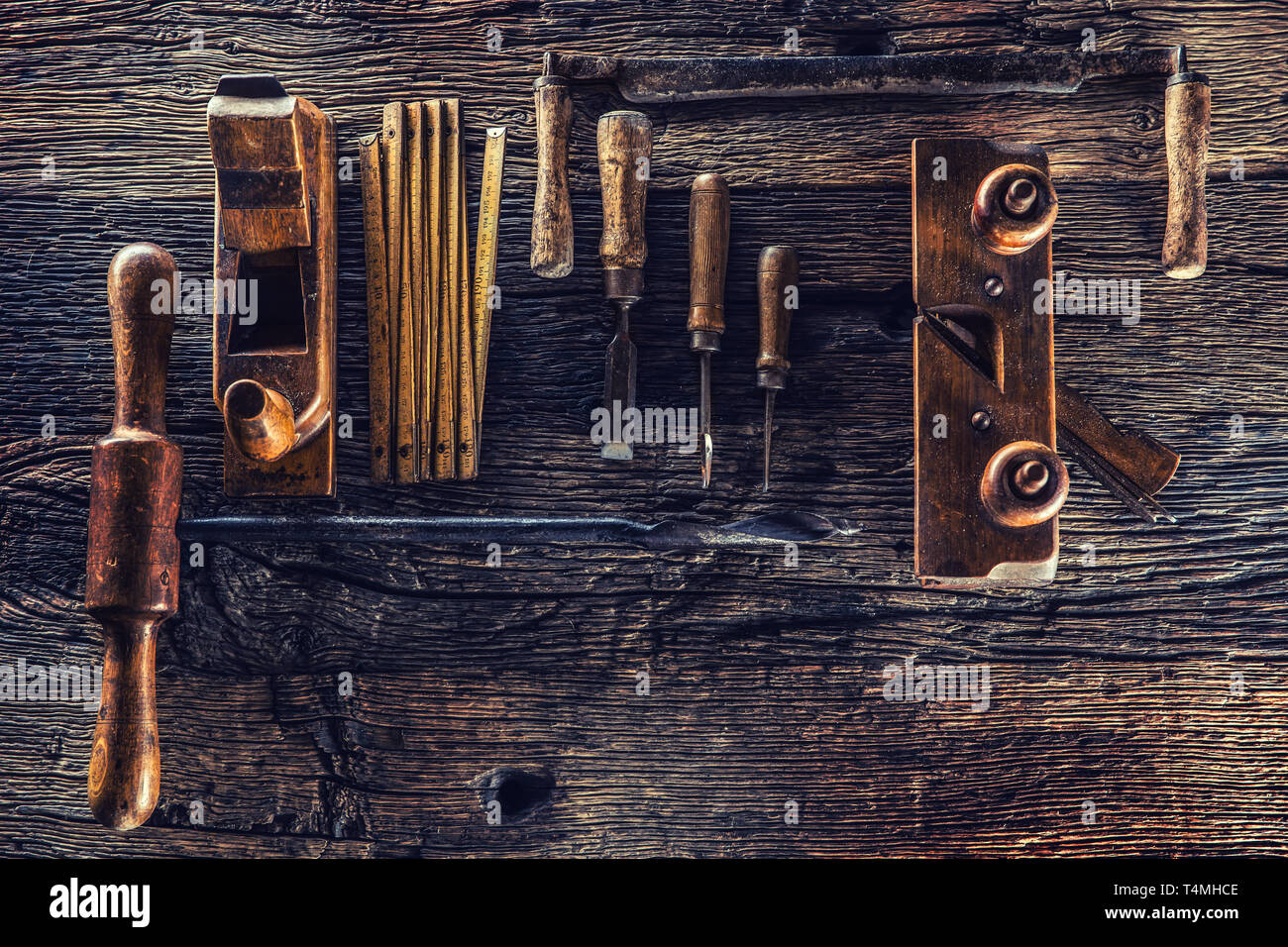 Top of view vintage carpenter tools in a carpentry workshop Stock Photo ...