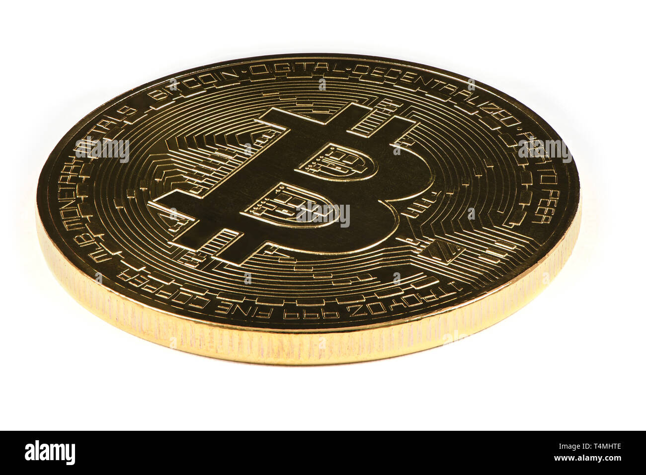 Golden bitcoin isolated on white background. Front and back sides are ...